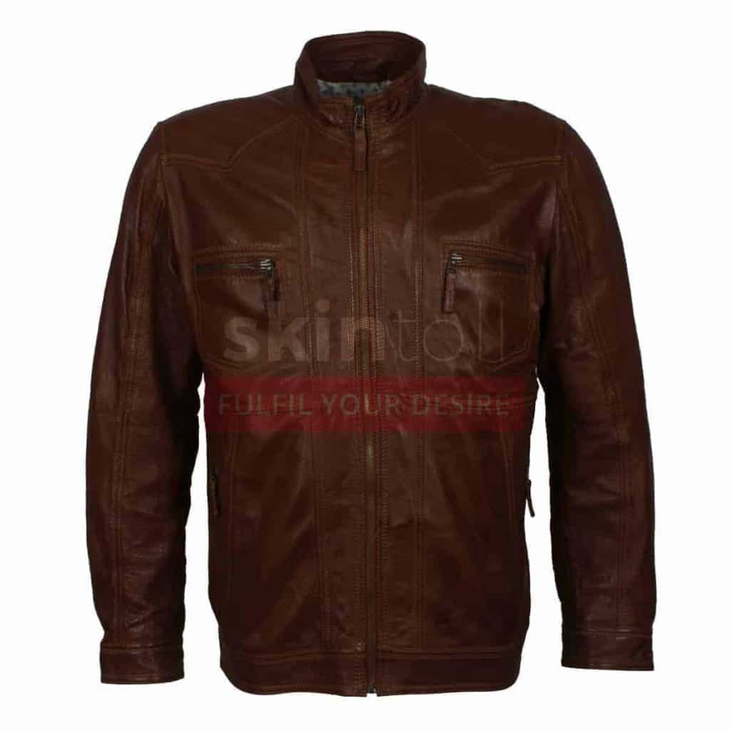 Casual Motorcycle Biker Jacket - Braun(brown) Leather